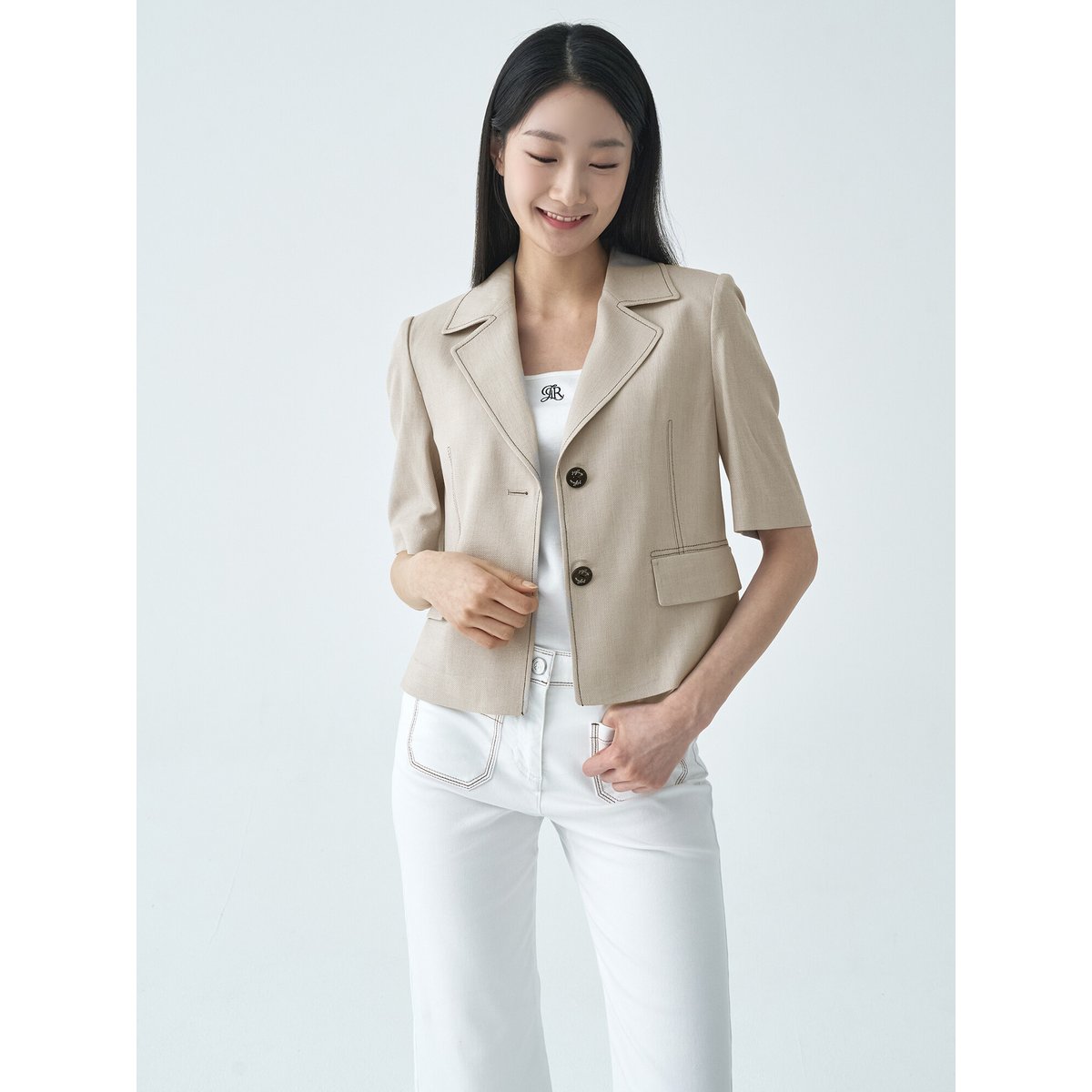 린넨 투버튼 배색스티치 반팔 자켓 LFJKO403_LB - SSG.COM