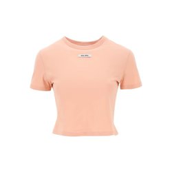 미우미우 Miu miu cropped t-shirt with logo label Short Sleeves T-Shirts ...