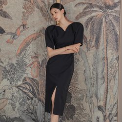 [딘트] D4355 르네 퍼프 핀턱 슬림 미디 원피스/블랙 - SSG.COM