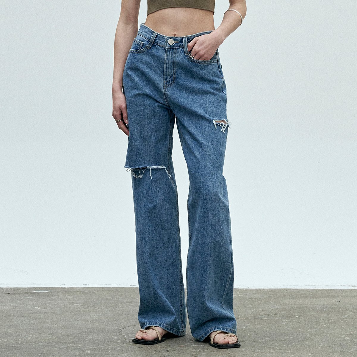 LW196 더블 컷팅 와이드 데님 팬츠 - 중청 - SSG.COM