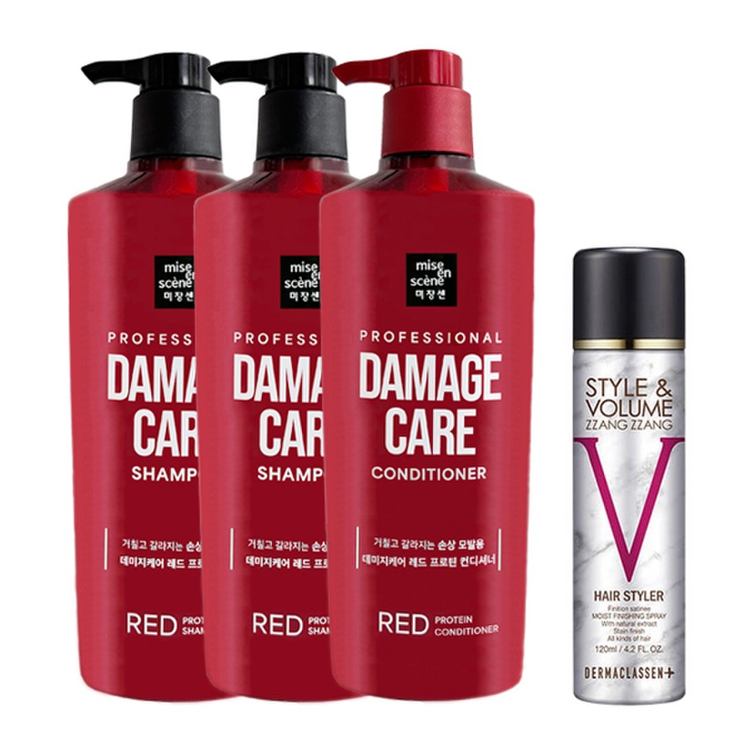 미쟝센 데미지케어 레드 샴푸 680ml x2 + 컨디셔너+ 볼륨짱짱 흑채 스프레이 자연갈색 120ml, 믿고 사는 즐거움 SSG.COM