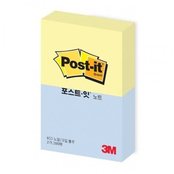 [그린에버] 3M 포스트잇 노트 노랑/크림블루 200매 51mmX38mm 653-2 - SSG.COM