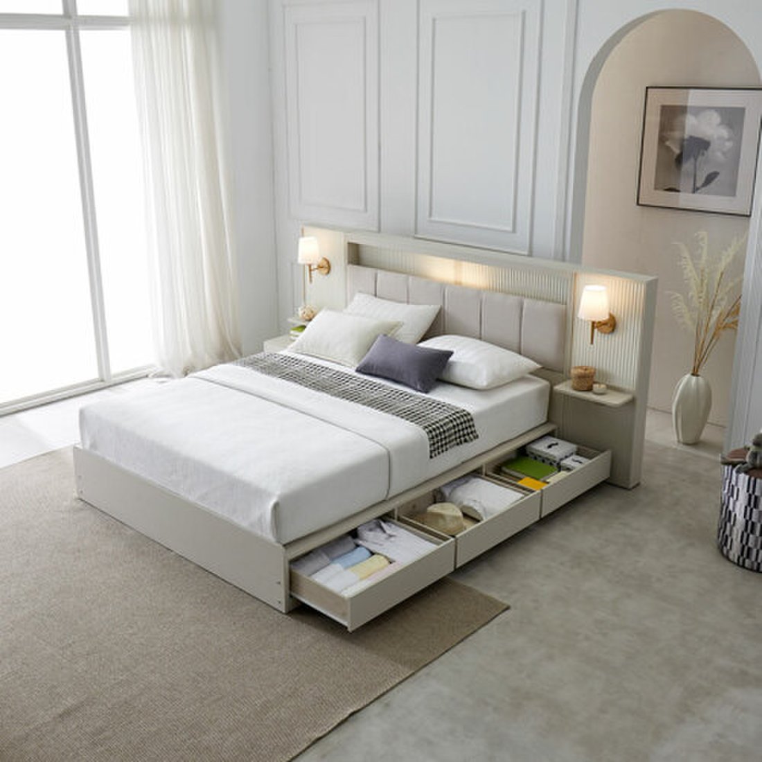 시슬립 포레 LED조명 평상형 호텔식침대 수납형침대 모던침대SS (프레임+패널2EA+콘솔1EA), 믿고 사는 즐거움 SSG.COM