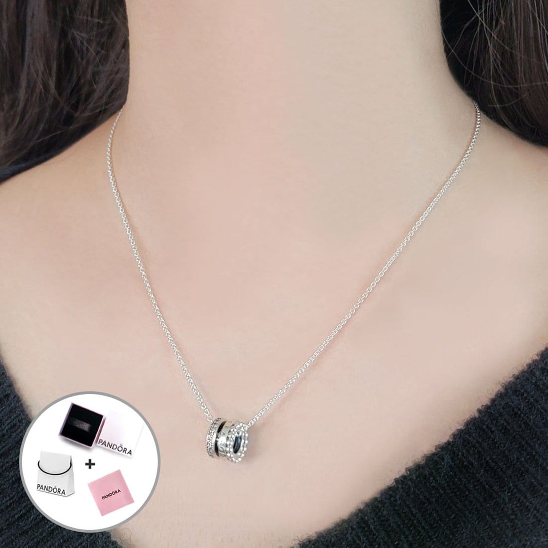 판도라 목걸이 392311C01 Pandora Signature Logo Pave & Beads Pendant ...