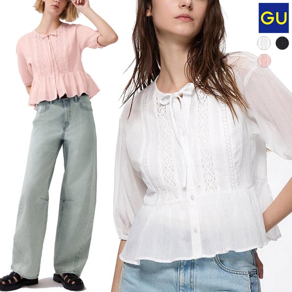 GU 지유 여성 반팔 블라우스 레이스 페플럼 5부소매 리본 화이트 블랙 핑크 - SSG.COM