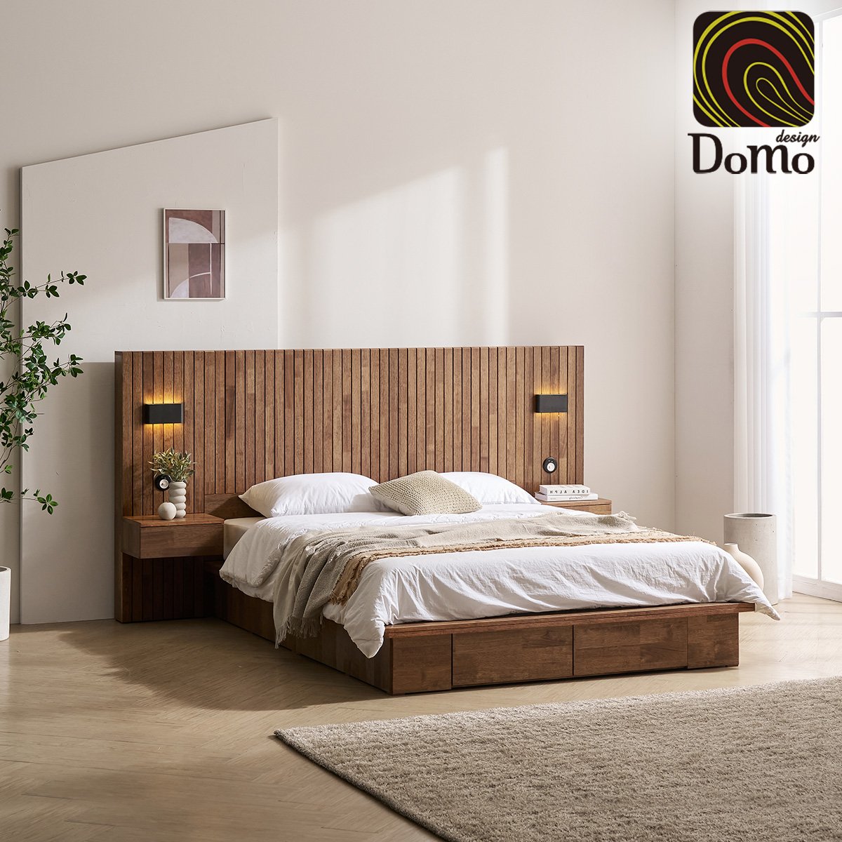 밀러 호텔식 확장형 고무나무 원목 수납 퀸침대 + LED 조명협탁 2ea / 이태리 메모리폼 매트리스 - SSG.COM