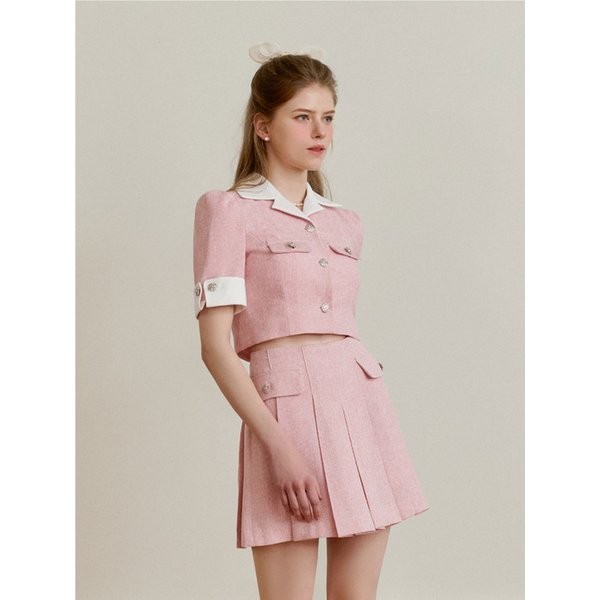 [SET] Cuffs Tweed Jacket & Tweed Pleats Skirt (Cotton Candy Pink) - SSG.COM