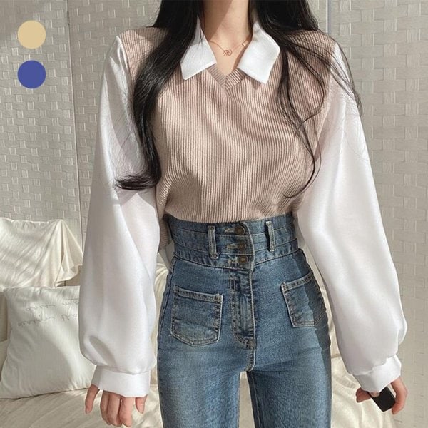 HOTBBA / 여성 블라우스 조끼 페이크 긴팔 티셔츠 URK_419 - SSG.COM