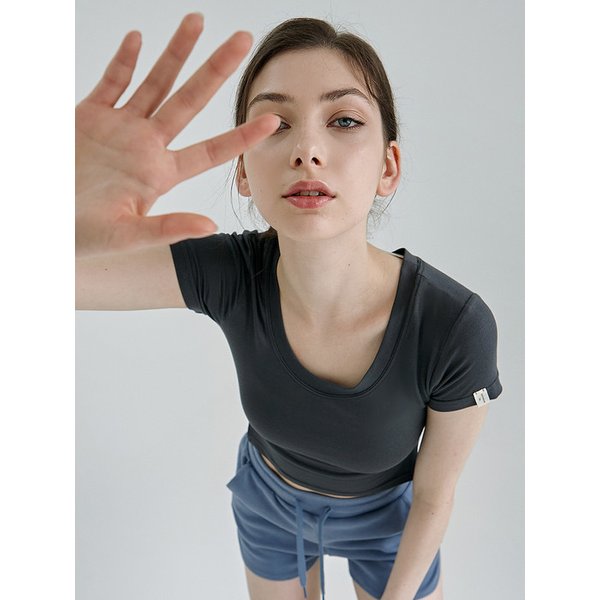 여성 요가복 DEVI-T0091-차콜 필라테스 러블 슬릿 크롭 반팔티 - SSG.COM